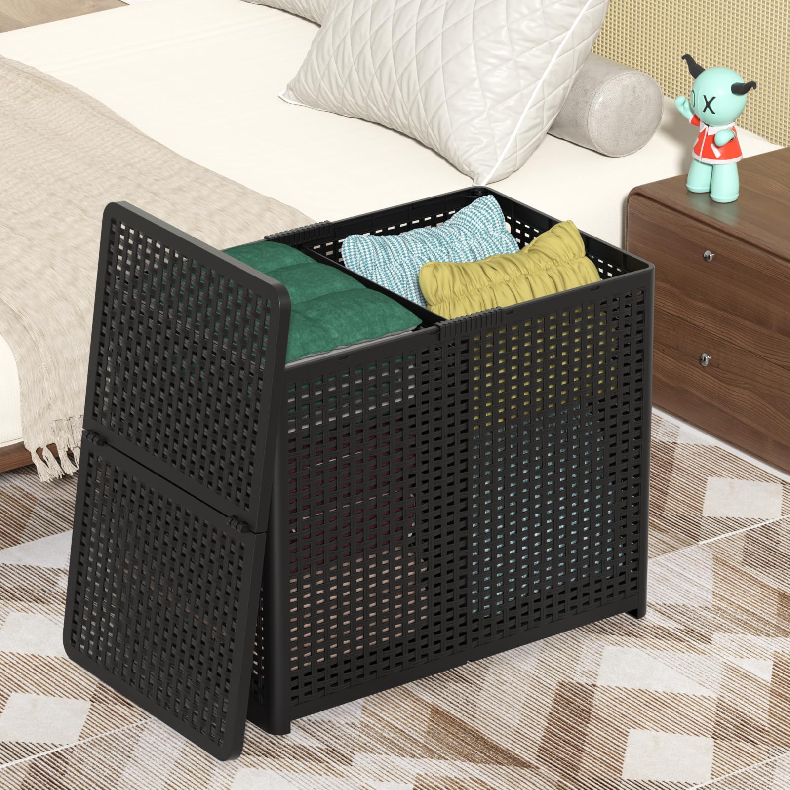 Udotry Plastic Folding 2 Compartments Laundry Hamper, Collapsible 2 Sections Laundry Basket with Lid, Black