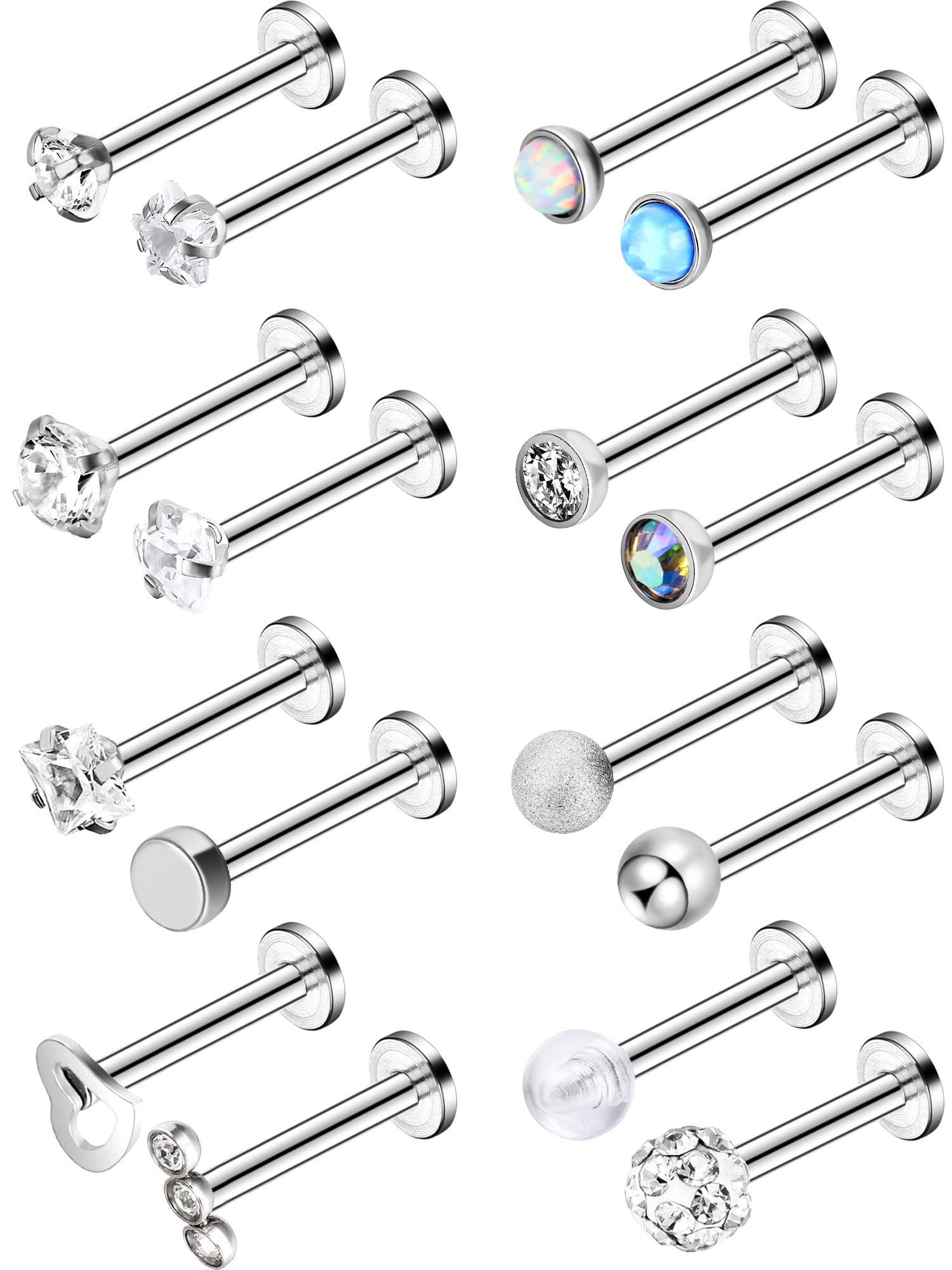 Chuangdi 16 Pieces 16 G Labret Nose Studs Piercing Lips Stainless Steel Tragus Nose Assorted Design Piercing Jewelry for Women (Silver)