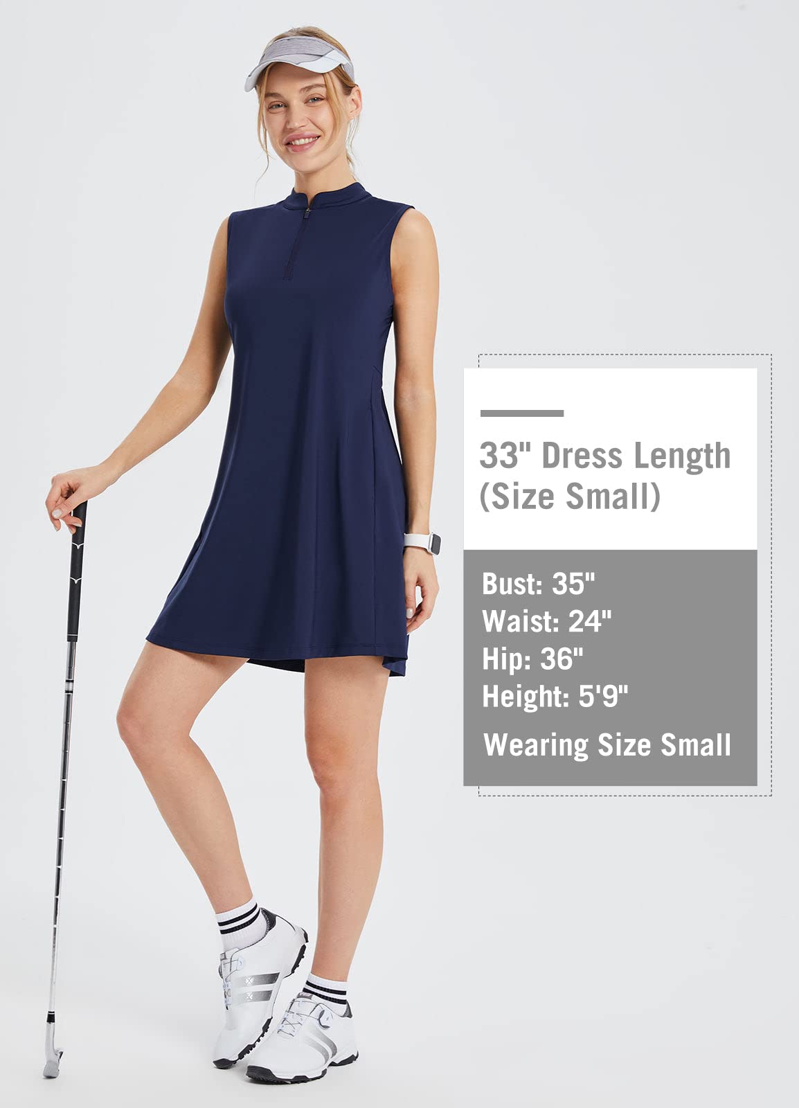 BALEAF Golf Dresses for Women 5 Pockets Tennis Athletic Quick Dry Sleeveless UPF 50 Seperated Shorts Zip Stand Collar Navy Blue M