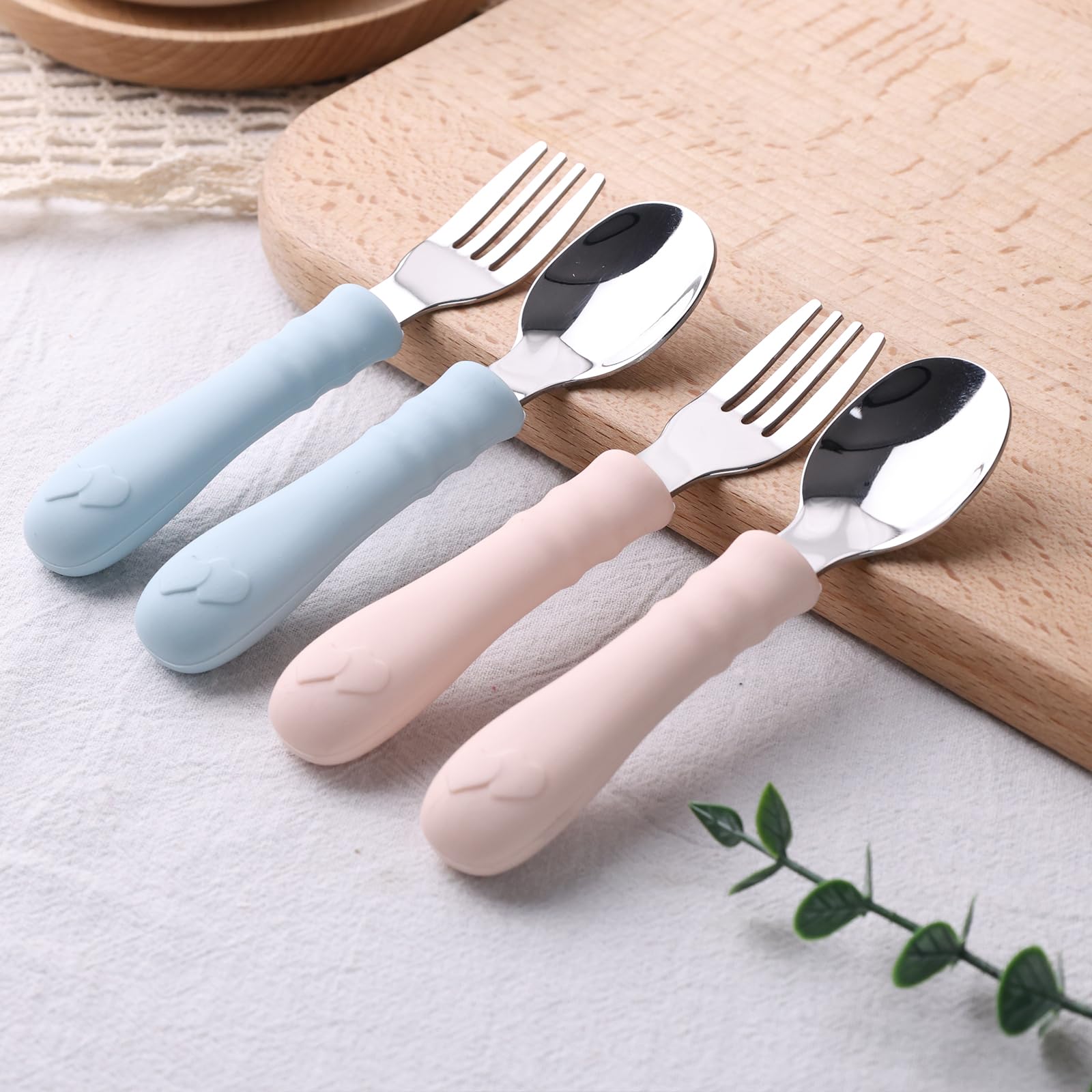 HAKSEN Baby Forks and Spoons Set, 4 PCS Child and Toddler Safe Flatware, Perfect Length for Baby Spoons Self Feeding, Stainless Steel Cutlery with Silicone Handle