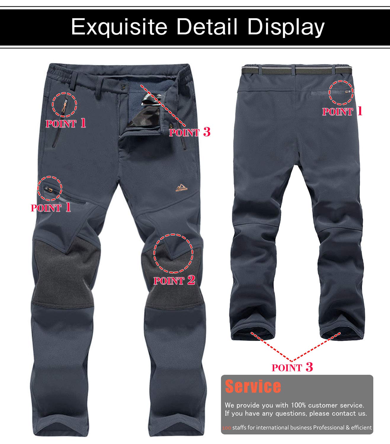 BIYLACLESEN Snowboarding Pants Men Ski Pants Men Water Resistant Pants Warm Camping Pants Mountain Pants Climbing Pants Men 5 Zipper Pockets Dark Grey
