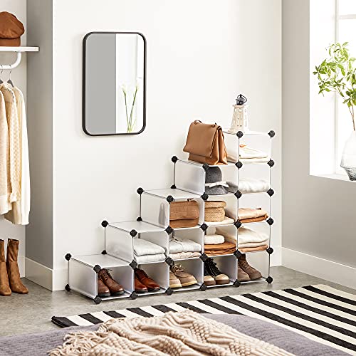 SONGMICS Shoe Rack, Space-Saving 15-Count Plastic Shoe Storage Organizer Unit, Shoe Cabinet, Ideal for Entryway Hallway Closet Garage, 14.2 x 44.5 x 34.6 Inches, Transparent ULPC44S