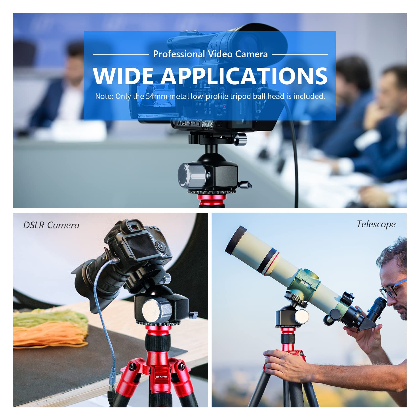 Neewer Low Profile DSLR Camera Tripod Ball Head, 54mm All Metal Panoramic Camera Mount Tripod Head with 1/4” Quick Release Plate for DSLR Camera/Camcorder, Tripod, Monopod, Slider, Max Load 77lb/35kg