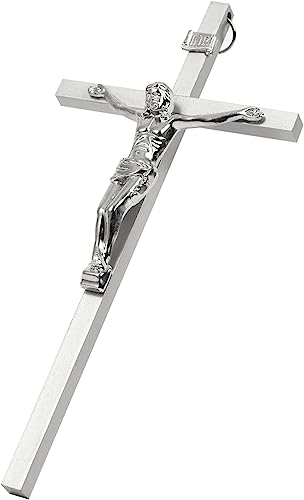 SWIMERY Crucifix Wall Cross,Silver Metal Slender Catholic Crosses for Room Decor, Cross (Hanging or Standing)-10Inch 10 x 5.1 x 0.7 inches