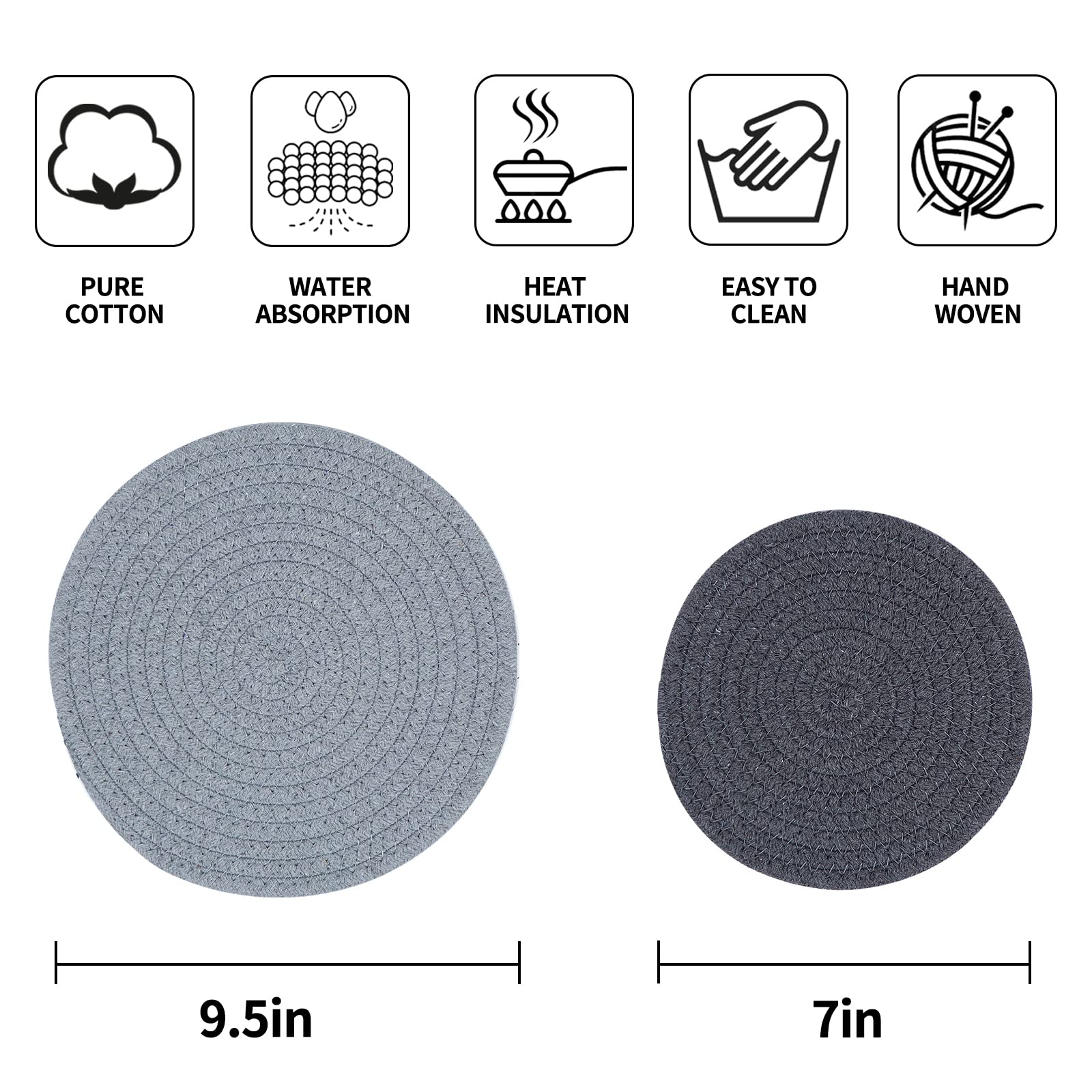 Coomin Trivets for Hot Dishes and Pans, 4Pcs Heat Resistant Pot Holders for Kitchen, 9.5 inch and 7 inch Handmade Woven Potholders, Cotton Pad Mats for Quartz Countertops and Table, Home Decor