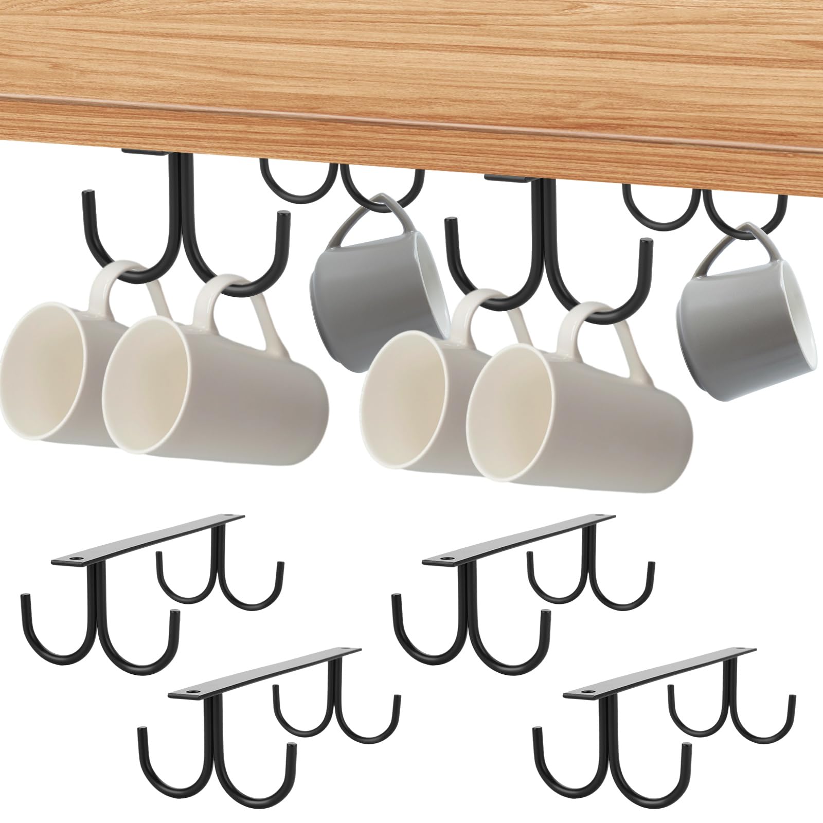 CYEAH 6 Pack Under Cabinet Mug Rack, Cabinet Hook Mug Holder - Hanging Coffee Cup Rack with 24 Hooks, Cup Organizer for Kitchen Cabinets and Storage Handing Coffee Cup Utensils Display, Black