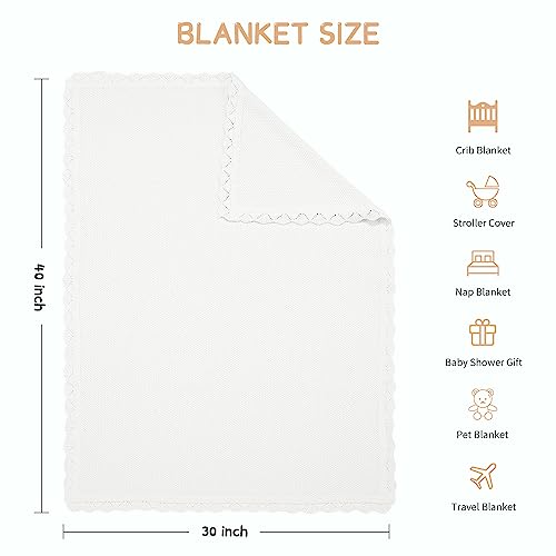 TRENDSTITCH 100% Cotton Baby Blanket Knit Lace Soft Warm Toddler Blanket,30 x 40 Inches,White