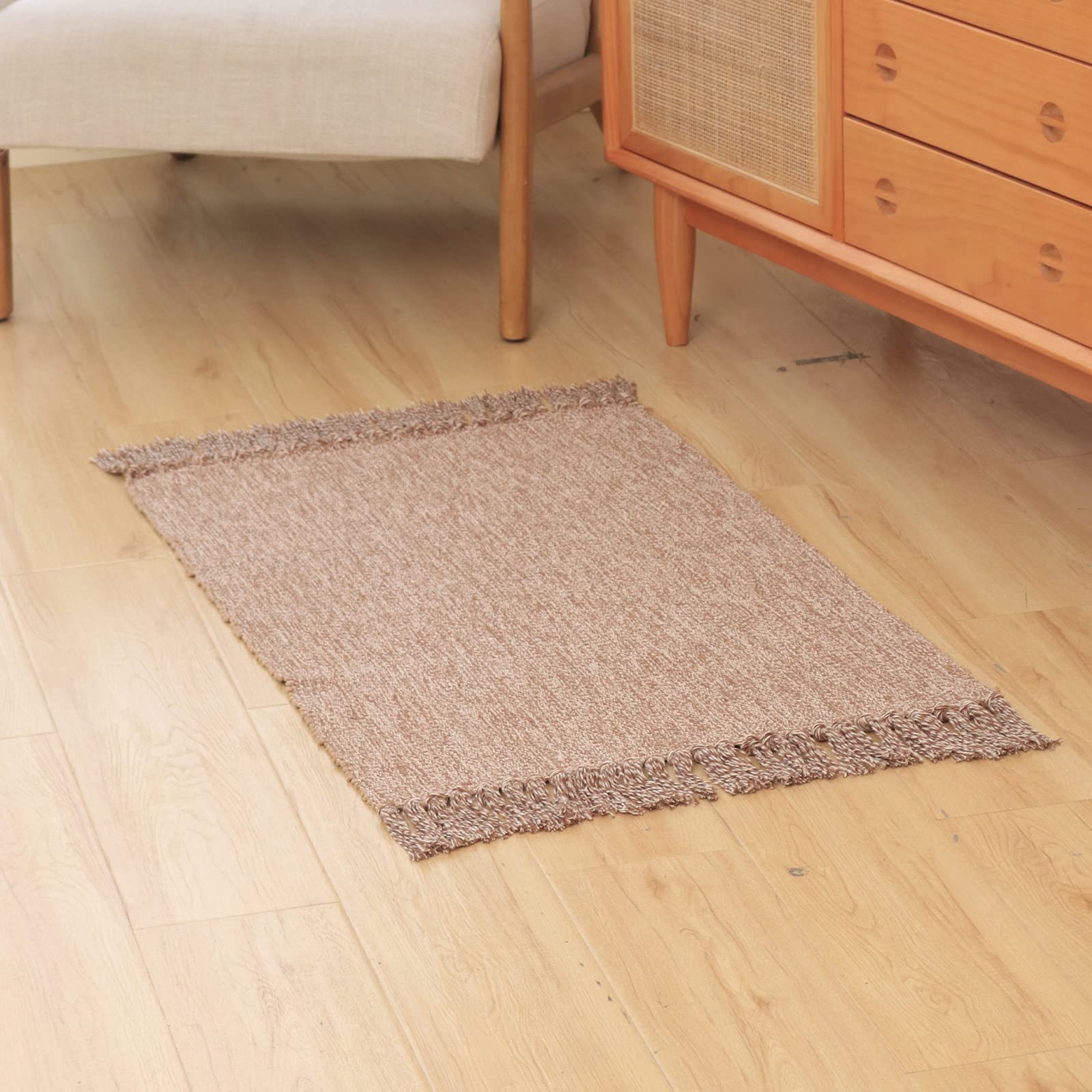 Boho Bathroom Rug Cotton Reversible Laundry Room Rag Rug - Hand Woven Solid Color Chindi Area Rug Entryway for Kitchen Bathroom Bedroom Dorm (2' x 4'3, Coffee)