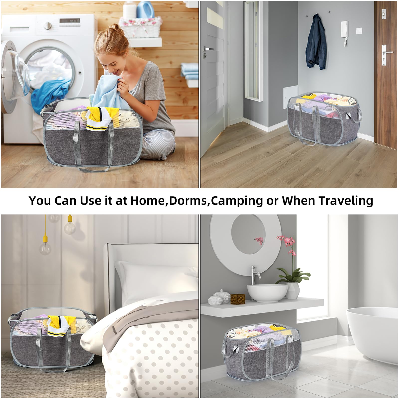 Collapsible Laundry Baskets, Pop Up Laundry Baskets with Reinforced Handles, Lightweight Foldable Laundry Basket for LaundryRoom,Bathroom or Travel (Gray)