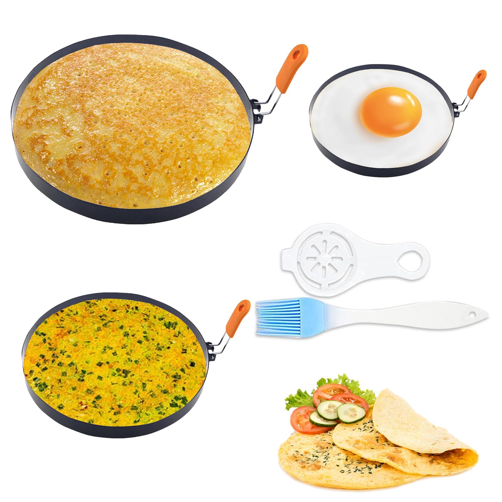 Egg Rings for Griddle, 4/6/8" Non-stick Omelet Ring, 3 Packs Round Pancake Ring Cooking Egg Molds, Stainless Steel Egg Cooking Rings with Insulated Handle Grill Oil Brush Egg Separator