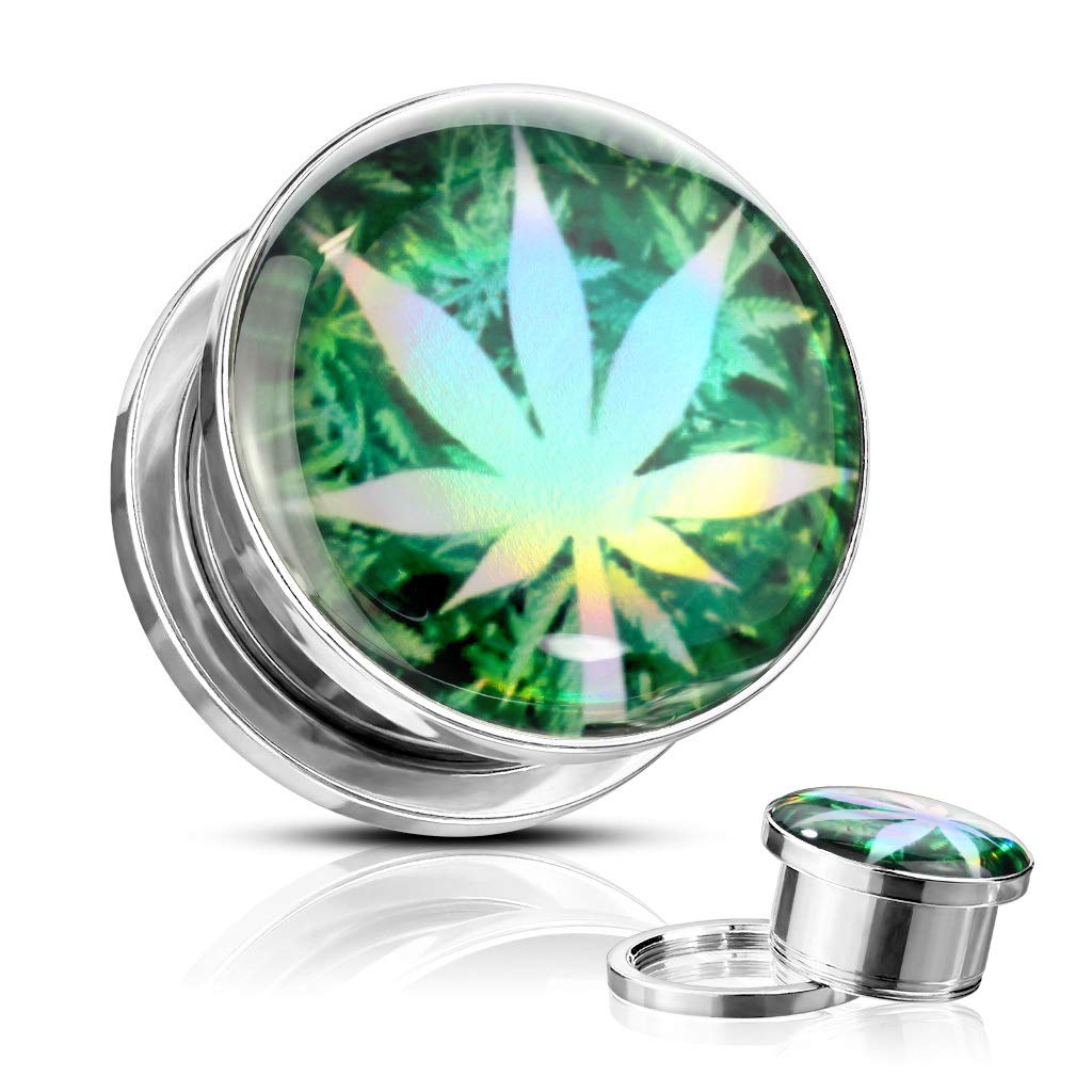 BODY DAZZ Pair 2G-25mm Pot Leaf Hologram Surgical Steel Tunnels Plugs (2 Gauge (6mm))
