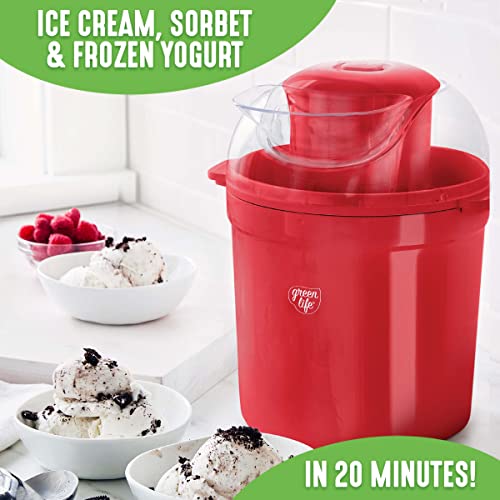GreenLife 1.5QT Electric Ice Cream, Frozen Yogurt and Sorbet Maker with Mixing Paddle, Dishwasher Safe Parts, Easy one Switch, BPA-Free, Red