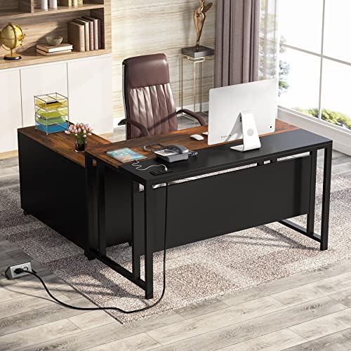 Tribesigns L-Shaped Computer Desk with Power Outlet and Drawer Cabinet, 55 inch Large Executive Office Desk Business Furniture with 40 inch Lateral File Cabinet Printer Stand for Home Office(Brown)