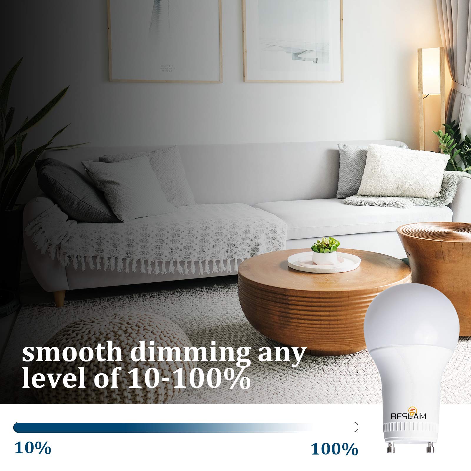 BESLAM A19 9W Led Light Bulbs, Gu24 Twist & Lock Base, 2 Prong Bulb,60W Equivalent, 5000K Cool White, 750 Lumens, UL Listed & Energy Star, Dimmable 6-Pack