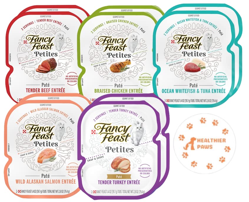 Fancy Feast Petites Pate Wet Cat Food Variety 5 Flavor Pack / 20 Servings/Beef, Chicken, Ocean Whitefish & Tuna, Salmon and Turkey with Healthier Paw Sticker Plus Colorful Plush Ball Cat Toy