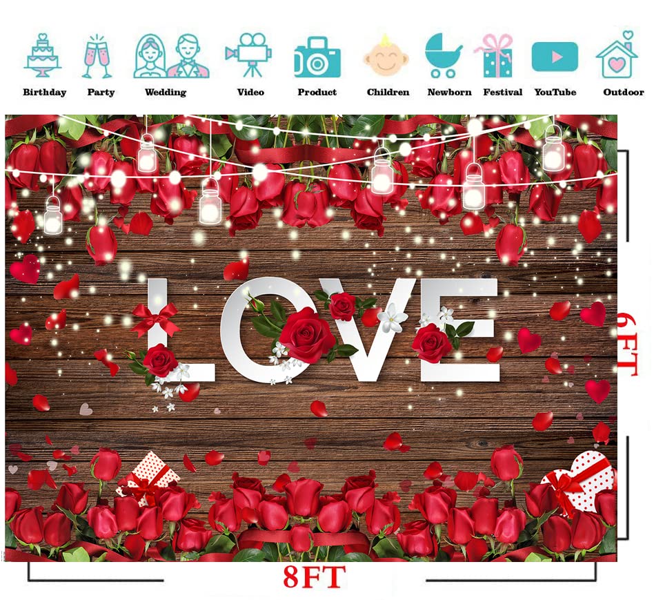 CYLYH 7X5FT Valentine's Day Backdrop Red Rose Wood Wall Background Love Wedding Bridal Shower Backdrops Mother's Day Party Banner Backdrops D808