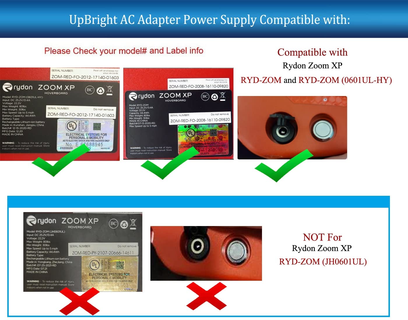 UpBright 25.2V AC/DC Adapter Compatible with Rydon Zoom XP RYD-ZOM 22.2V 2000mAh Li-ion Battery Hover Electric Scooter Board RYD-ZOM-RED RYDZOM 082-07-7721 FY0132520400 25.2VDC Power Supply Charger