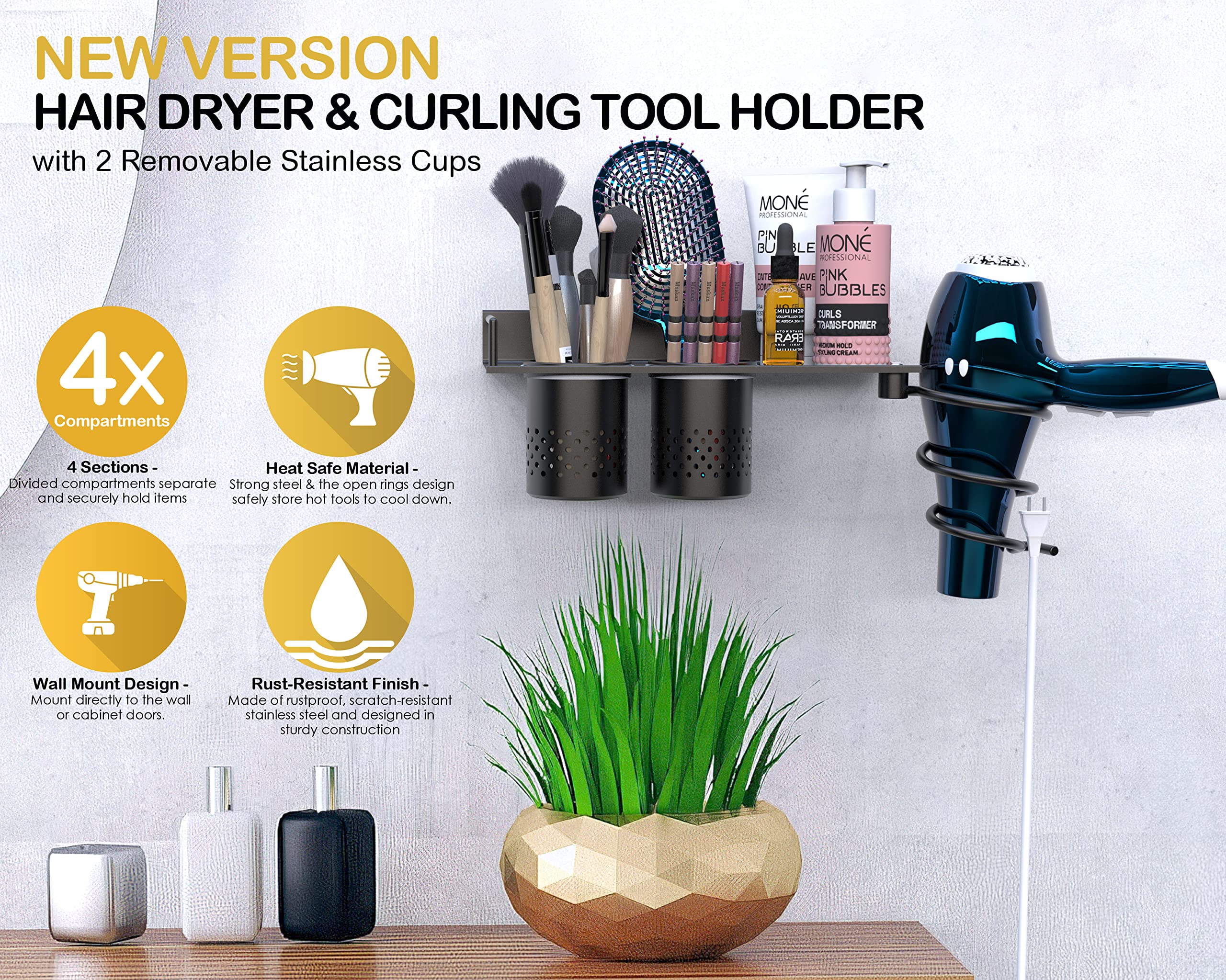MyLifeUNIT Hair Dryer Holder, Hair Tool Organizer Wall Mounted with 2 Cups, Bathroom Blow Dryer Holder Shelf, Hair Styling Tools Organizer