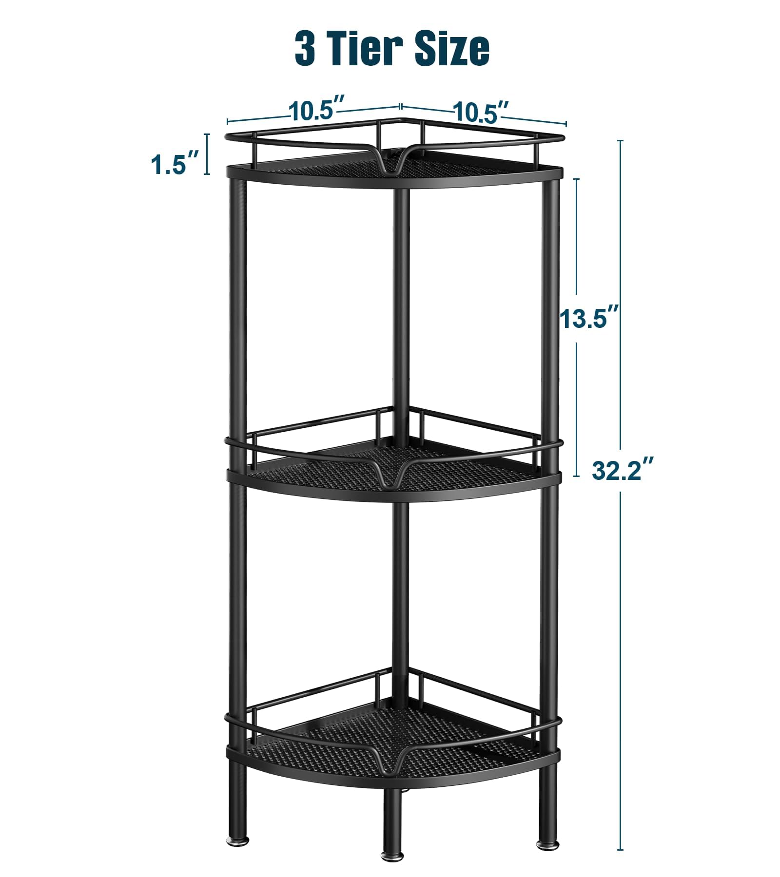 Corner Shower Caddy Free Standing, Stainless Steel Stand up Shower Organizer Shelf with Adjustable Feet, Floor Shower Storage Rack for Bathroom,Balcony Kitchen, 3 Tier Black