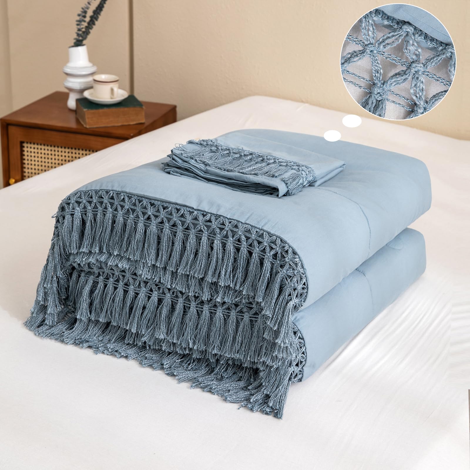 Boho Queen Comforter Farmhouse Comforter Set Shabby Chic Fringe Tufted Tassel Design Linen Like Textured Beding Comforter 1 Bohemian Comforter 2 Pillowcases (Blue, Queen)
