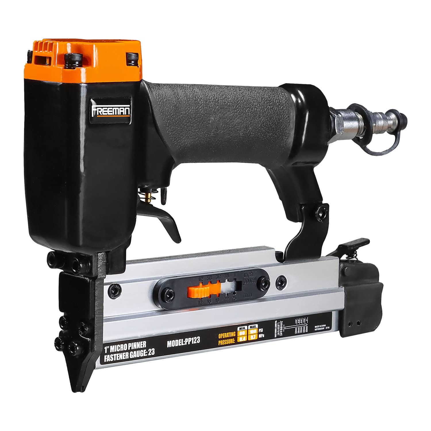 Freeman PP123 Pneumatic 23-Gauge 1" Micro Pinner Ergonomic and Lightweight Nail Gun with Safety Trigger and Pin Size Selector for Crafts, Moulding, and Picture Frames