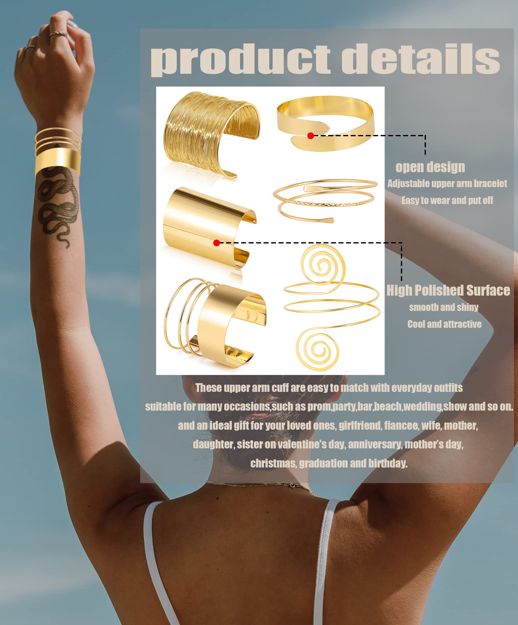 BOMAIL 6 Pieces Arm Cuff Upper Arm Band Cuff Bracelet Minimalist Simple Swirl Open Wide Wire Bracelets for Women Adjustable Arm Bangle Bracelets Set