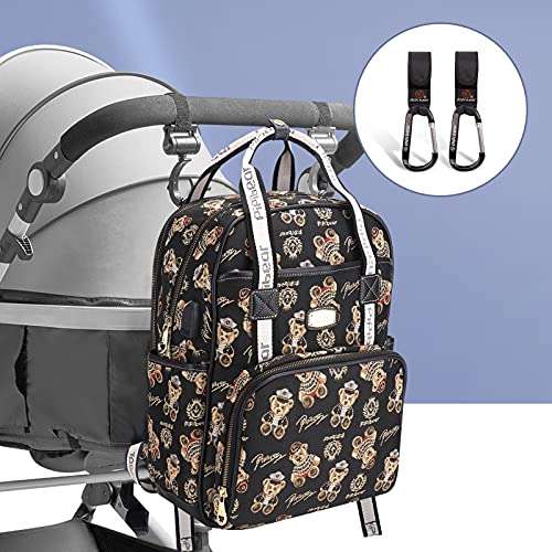 pipi bear Diaper Bag Backpack, Jacquard Diaper Backpack with Changing Pad and USB Charging Port, Stylish Baby Bag for Mom Dad, Black