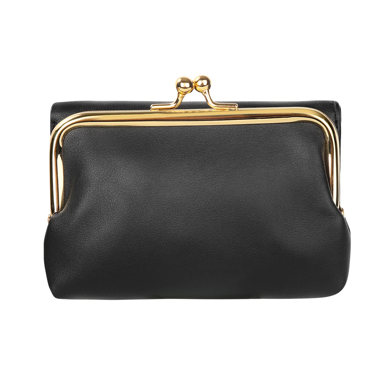 CornerLife Womens 2 in 1 Leather Wallet Small Coin Purse Compact Trifold Wallet for Women with Kiss Lock (Black)