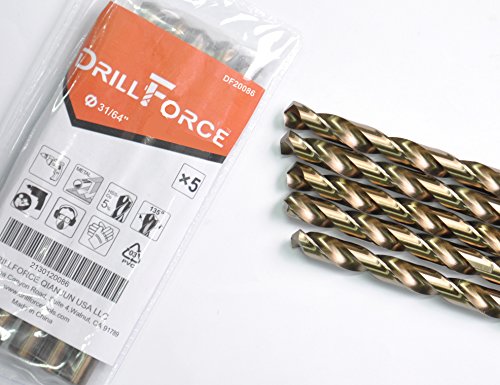 DRILLFORCE 5PCS 31/64" Inch HSS General Purpose Heavy Duty Jobber Cobalt Twist Drill Bits,Ideal for Drilling on mild Steel, Copper, Aluminum, Zinc Alloy etc.