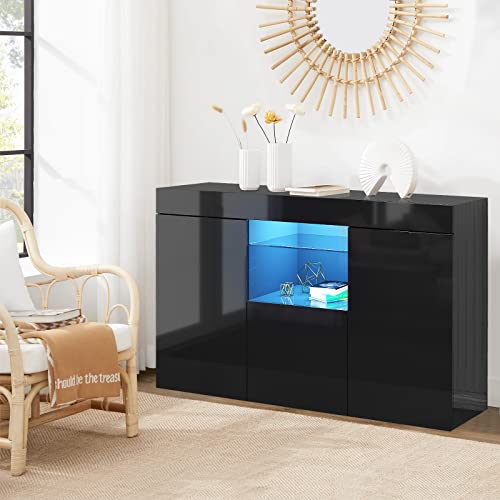 Lamerge Sideboard Buffet Cabinet,Led TV Stand with Storage,High Glossy Panel, UV Coated,TV Table,Kitchen Cabinet, Bar Cabinet. 53.1" L×13" W×28" H,Black