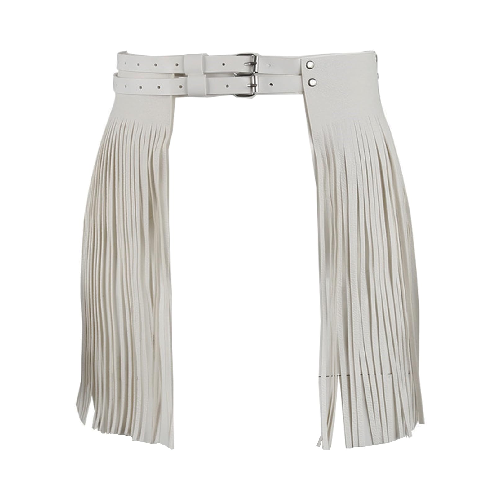 KKmeter Women's Faux Leather Waistband Fringe Tassel Skirt Hippie Boho High Waist Adjustable Double Waist Belt Skirt Clubwear (White)