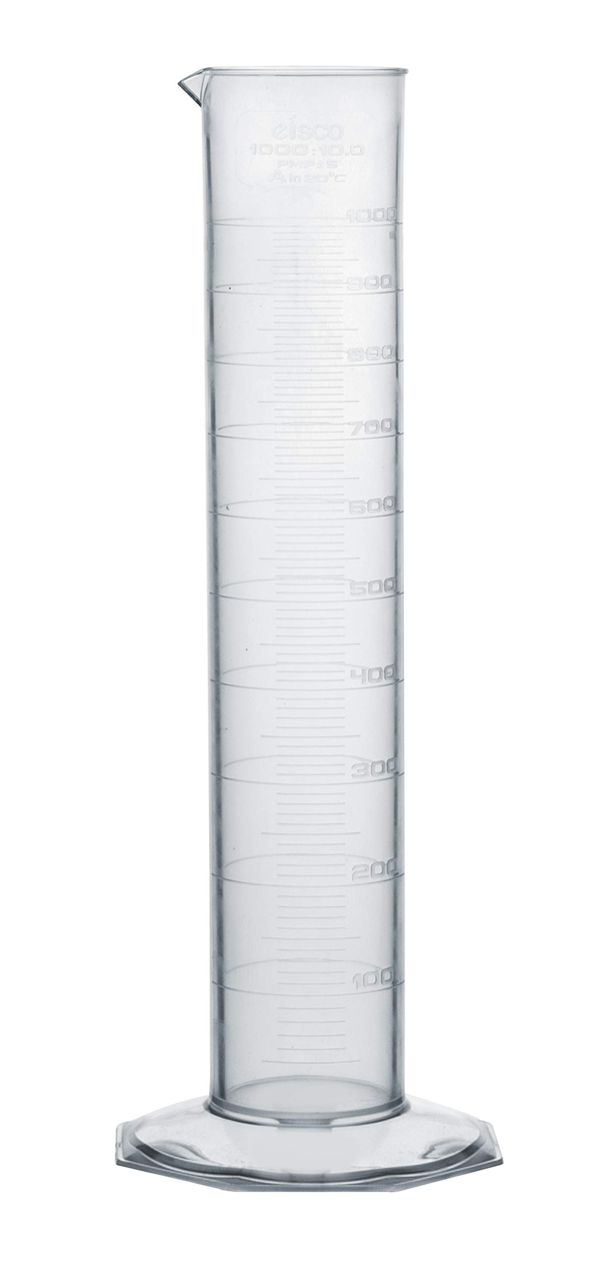 EISCO Graduated Cylinder, 1000mL - Class A Tolerance - Octagonal Base - TPX Plastic - Industrial Quality, Autoclavable