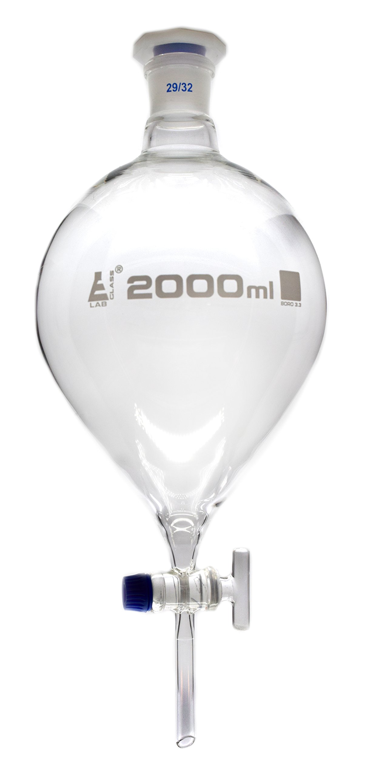 EISCO Separatory Funnel, 2000mL - Pear Shaped - 29/32 Plastic Stopper, Glass Key Stopcock - Borosilicate Glass