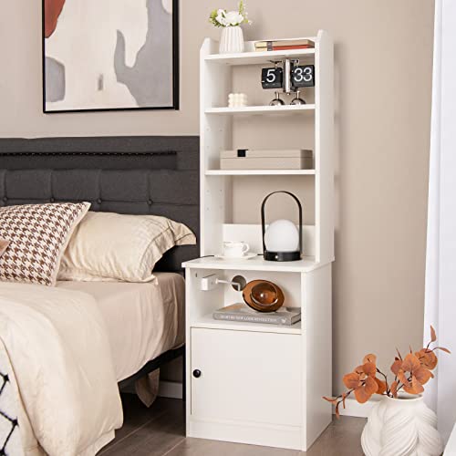 GOFLAME Nightstand with Charging Station and USB Ports, 56β Tall Bedside Table with Adjustable Open Shelves, Storage Cabinet, End Table Sofa Side Table with Bookcase for Home Office (White)
