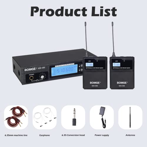 BOMGE IEM-580 UHF Wireless in Ear Stage Monitor System Professional 2 Channels,160 ft. Operation, Ideal for Stage, Studio, Exhibit, Lecture, Speech (2 bodypack with Transmitter)