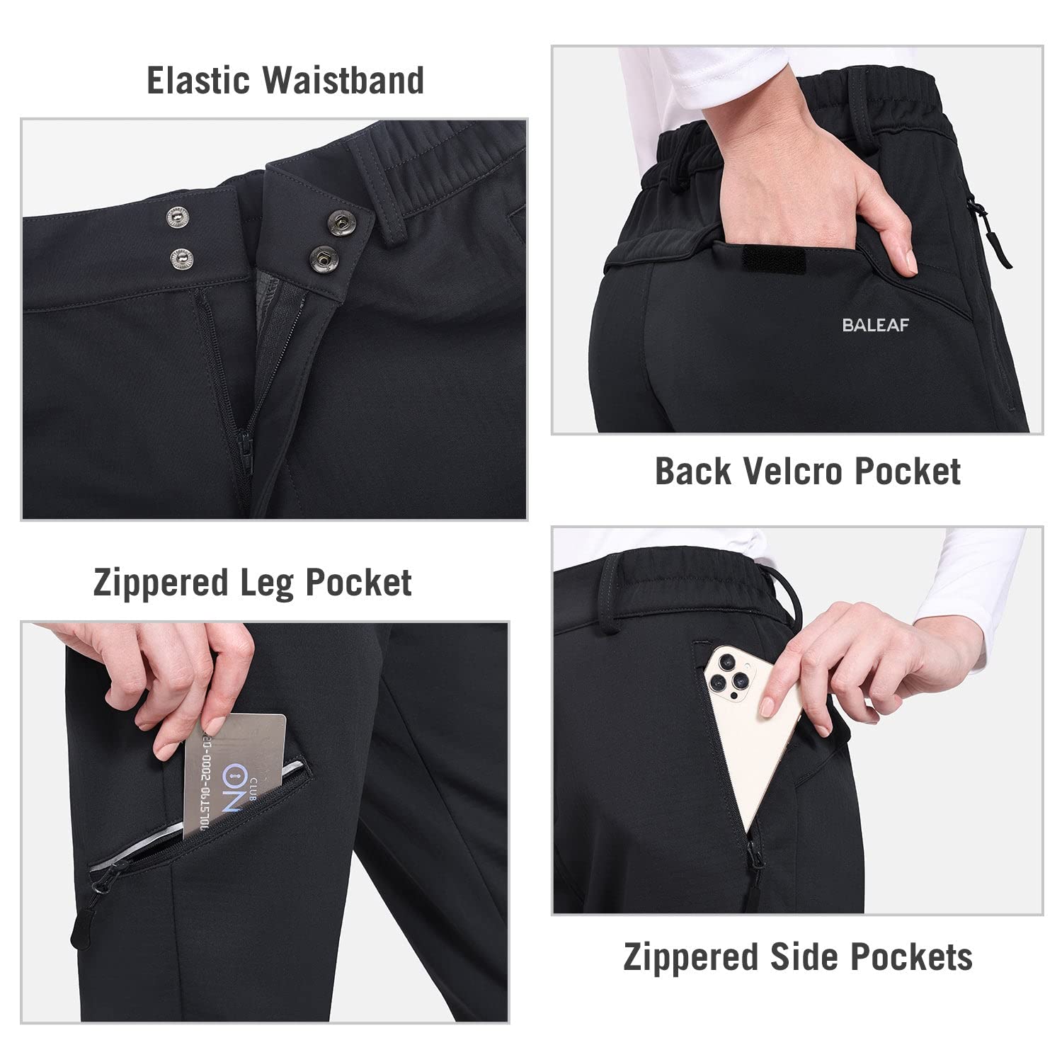 BALEAF Women's Winter Fleece Lined Hiking Pants Insulated Waterproof Cold Weather Outdoor Windproof Soft Shell Black M