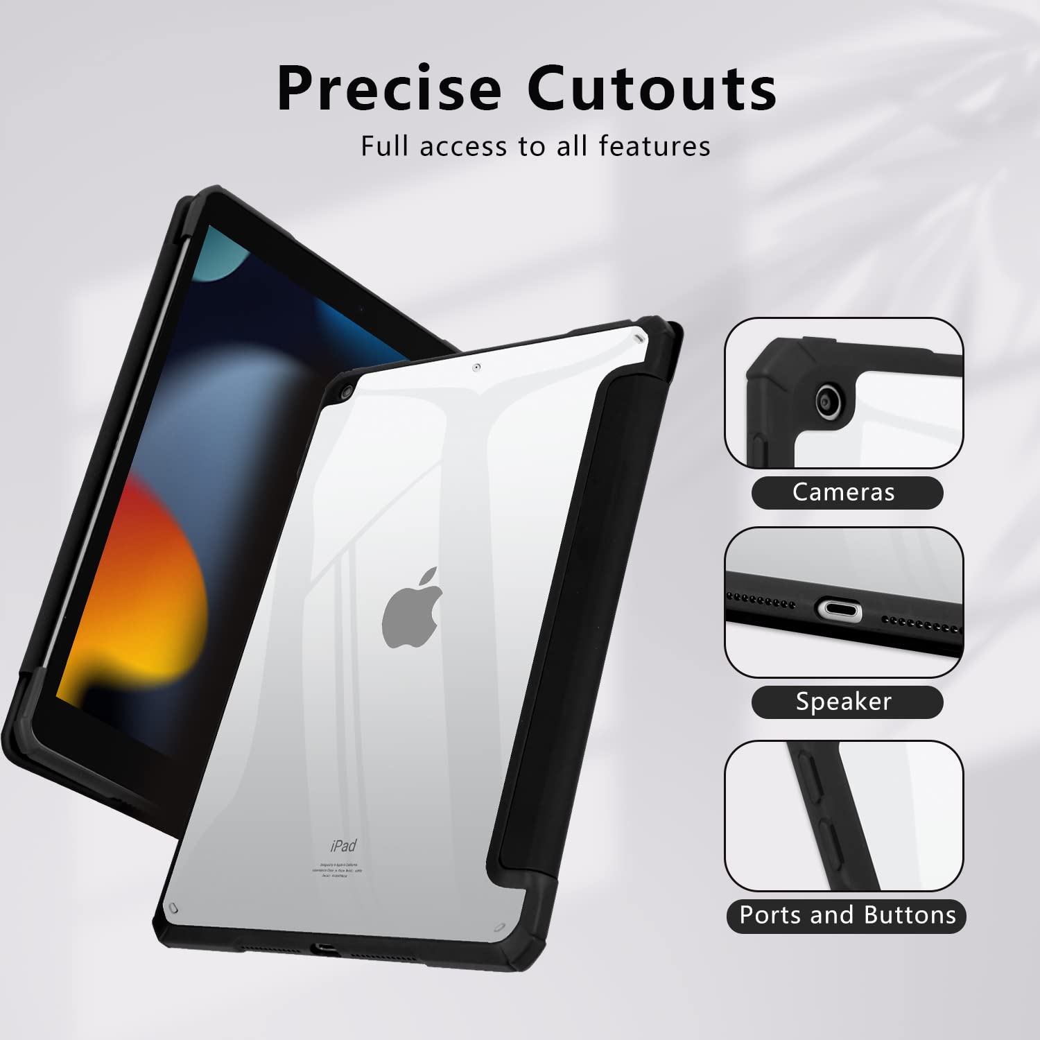 Dwopar Case for iPad 10.2, iPad 9th Generation 2021/ iPad 8th Generation 2020/ iPad 7th Generation 2019, Clear Hard Back Shell, Shockproof Transparent Protective Cover, Trifold Stand (Black)