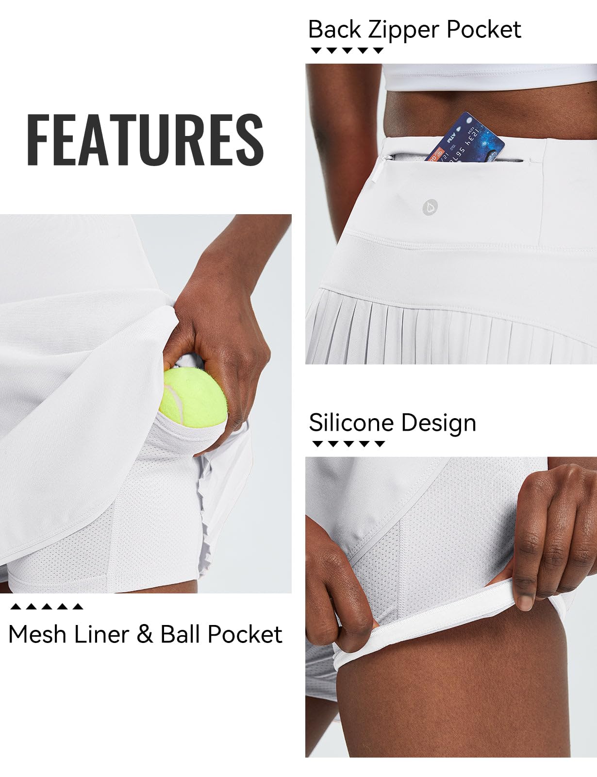 BALEAF Women's Pleated Tennis Skirts High Waisted Lightweight Athletic Golf Skorts Skirts with Shorts Pockets White Medium