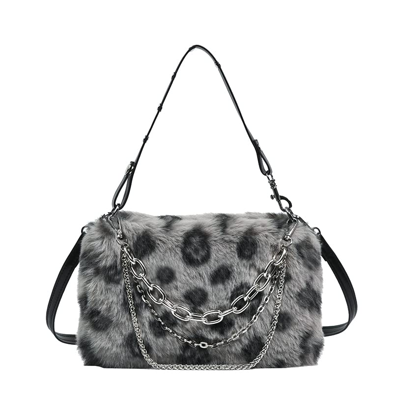 MCYFNG Y2K Purse Plush Bags Winter Accessories Girls Shoulder Bags Mini Purse for Outfit Chic Cool Chain Bags, Grey