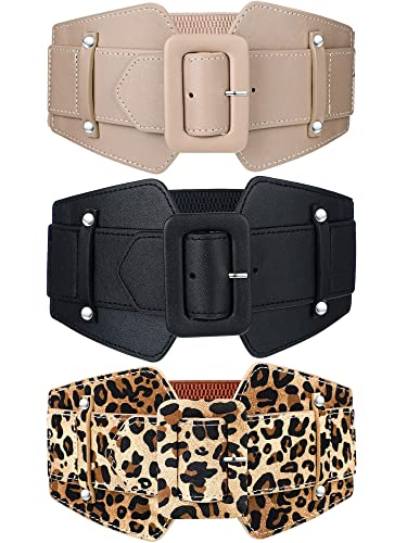 Geyoga 3 Pieces Women Waist Belt Elastic PU Leather Corset Cinch Belt Stretchy Retro Corset Belt Chunky Buckle Belts Waistband for Dresses, Leopard, Brown, Black