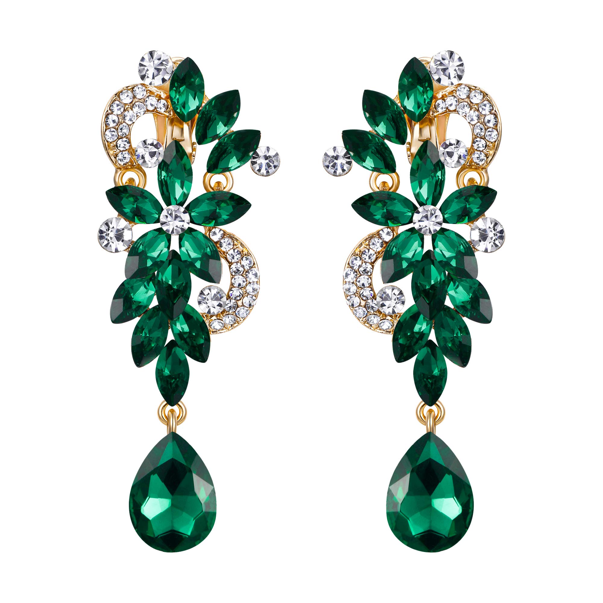 BriLove St Patricks Day Earrings Wedding Bridal Clip On Earrings for Women Bohemian Boho Crystal Flower Chandelier Teardrop Bling Long Dangle Earrings Emerald Color Gold-Toned