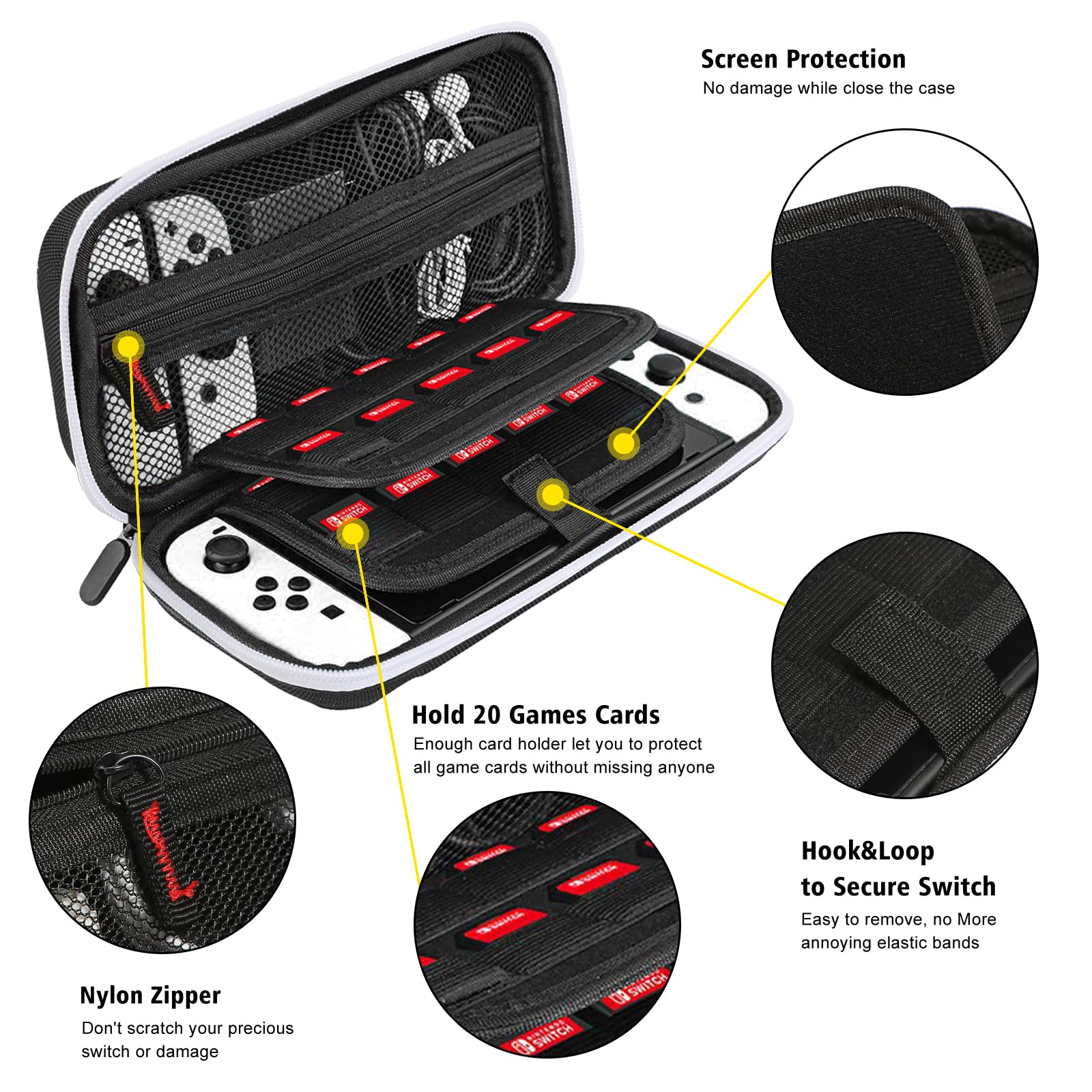 Carrying Case for Nintendo Switch OLED Model 9 in 1 Switch OLED PET Protective Case ,2Pcs Glass Screen Protector, Travel Case,USB Cable,4Pcs Thumb Grips Caps- [Ideal Gift All in One Bundle] Black
