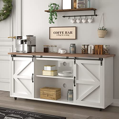 Farmhouse Coffee Bar Cabinet with Storage, 58ββ Kitchen Sideboard Buffet Storage Cabinet with Sliding Barn Door, White Cabinet with Adjustable Shelves, Buffet Table for Living Dining Room