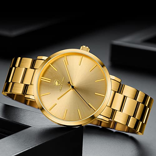 GOLDEN HOUR Men's Watches Slim Minimalist Runway Gold Plated Stainless Steel Quartz Analog Watch with Black Hands