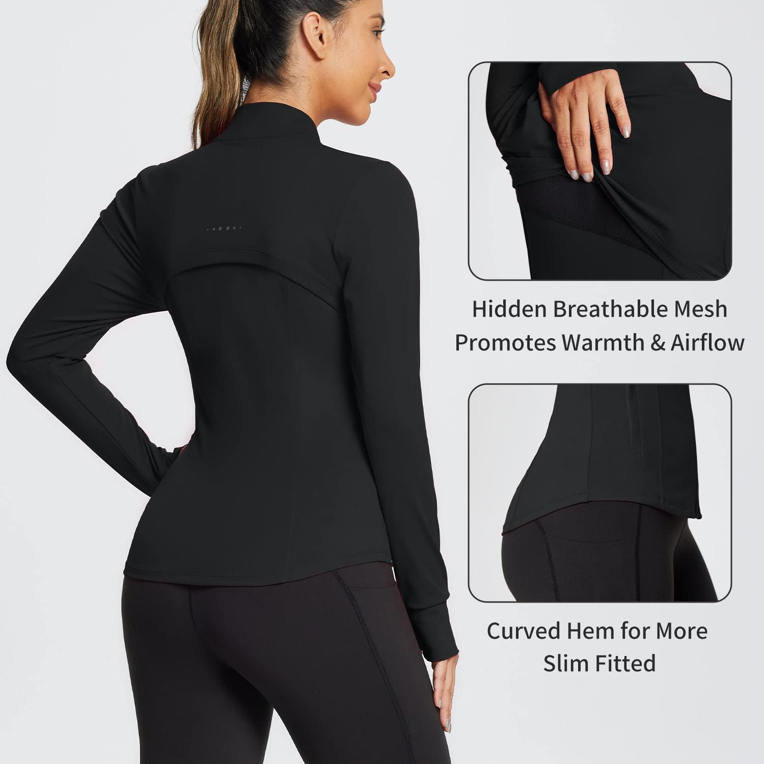 BALEAF Women's Running Jackets Full Zip Slim Fit Quick Dry Athletic Workout Track Lightweight Thumb Holes Pockets Black L