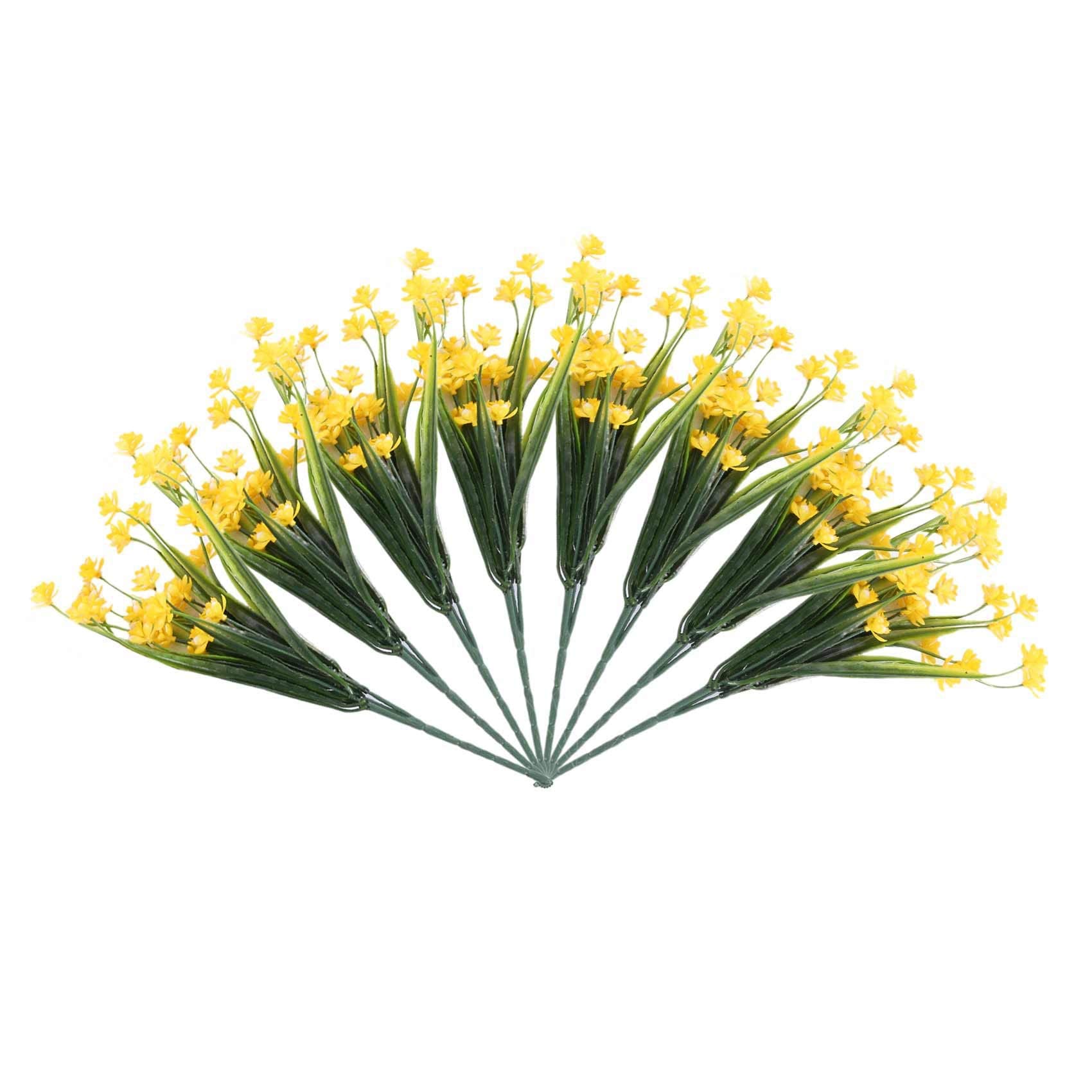 Lesix 8Pcs Artificial Flowers Outdoor UV Resistant Plants, Faux Plastic Greenery Shrubs Plants Indoor Outside Hanging Planter Kitchen Home Wedding Office Garden Decor Yellow