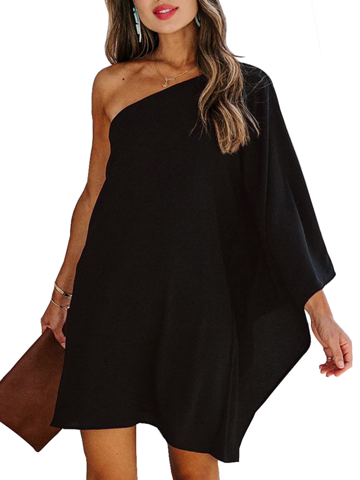 Chunoy Women Casual Summer Batwing Sleeve Side to Side One Shoulder Statement Flowy Mini Dress Black