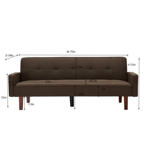 Modern Upholstered Fabric Folding Futon Sofa Bed for Compact Living Space, Apartment, Dorm, Convertible Sleeper Sofa Couch Home Recliner Lounge with Armrest, Square Wooden Legs and Center Leg (Brown)