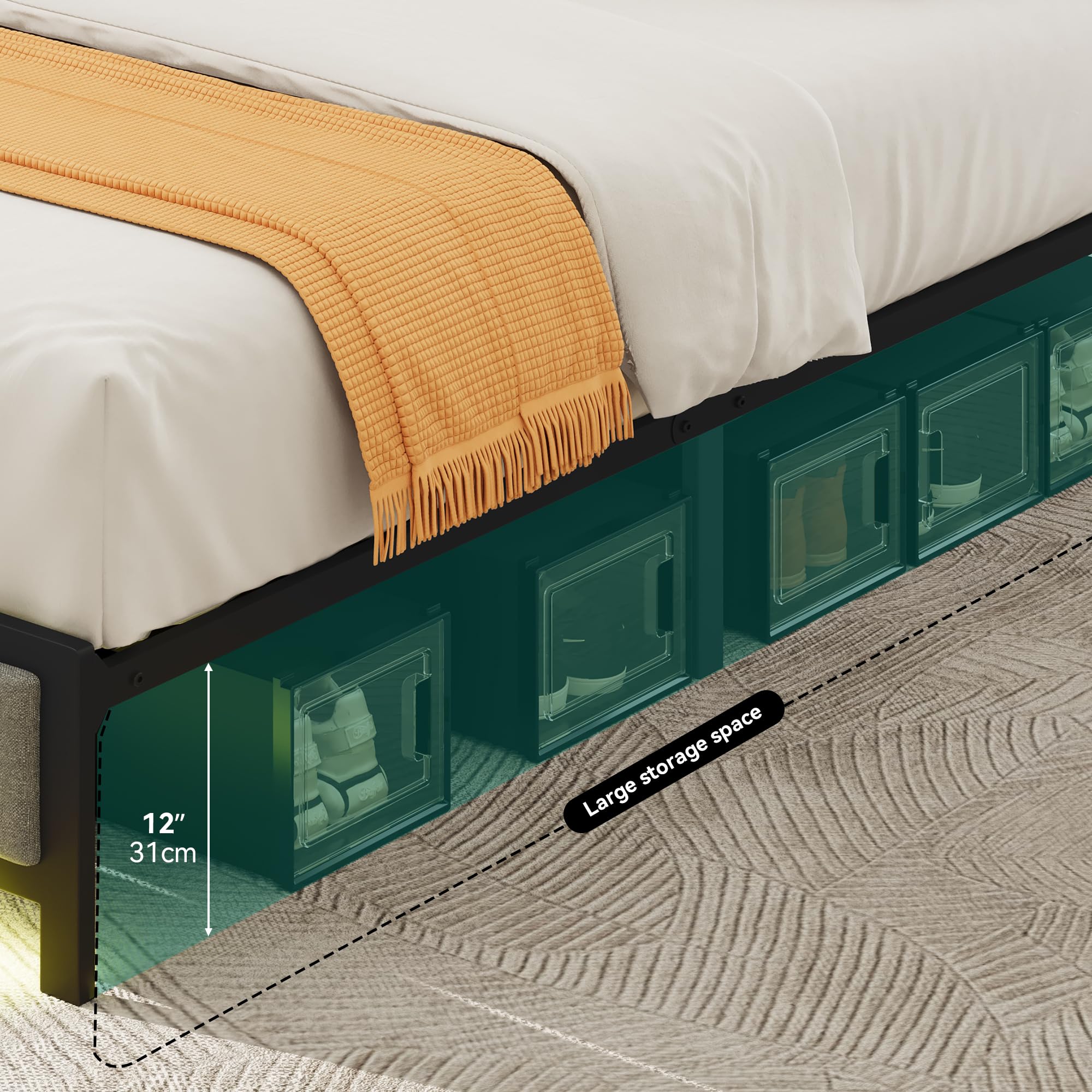 DWVO LED Bed Frame Queen Size, Upholstered Bed Frame Featuring Bookcase Headboard Storage, Platform Bed Frame with Built-in Charging Station, No Requirement for Box Spring, Simple Assembly, Gray