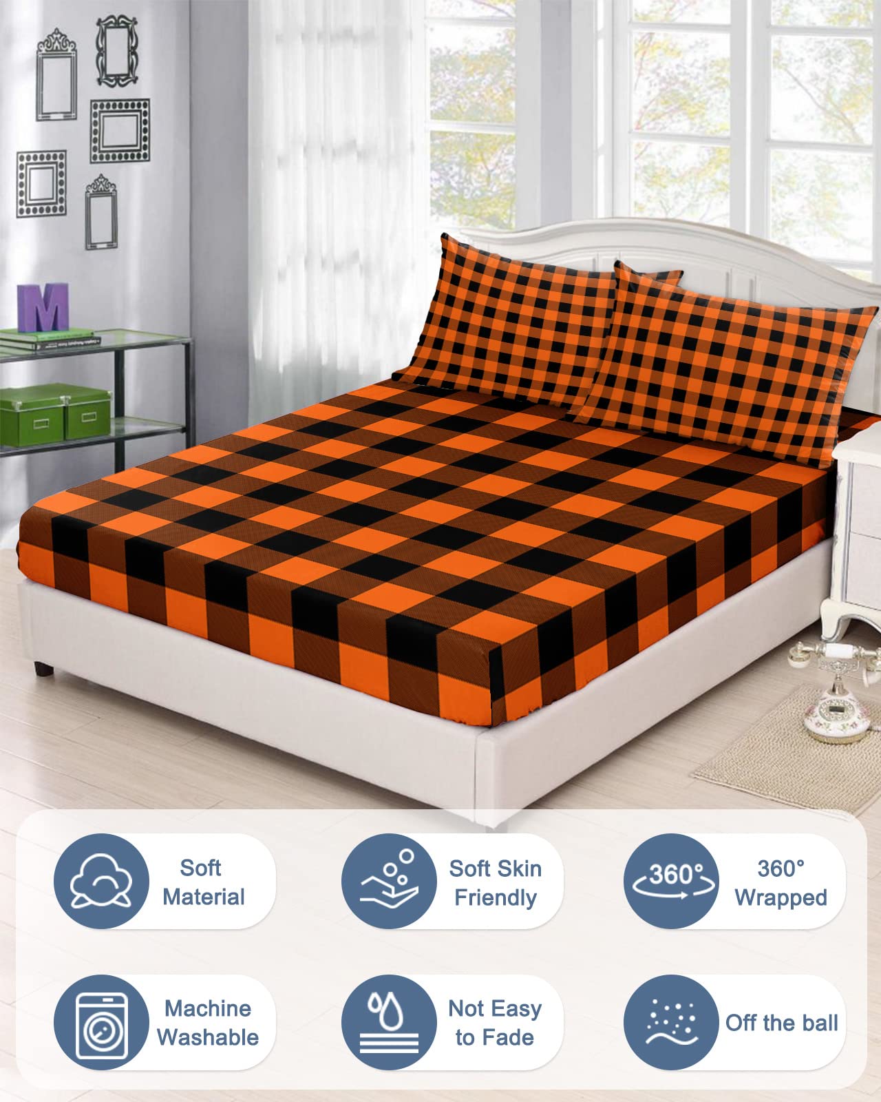 Farmhouse Orange Black Buffalo Plaid Fitted Bed Sheets Full Size Fit 5-16inch Deep Pockets,Luxury Bottom Sheet Bedding Set with Pillow Case,Gingham Lattice Fitted Sheet for Mattress